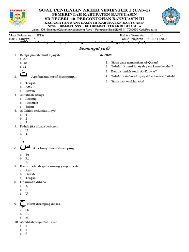 Uas Bta Kelas 1 | PDF