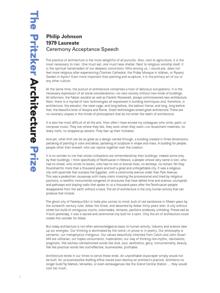 1979 - Acceptance Speech - Philip Johnson | PDF | History
