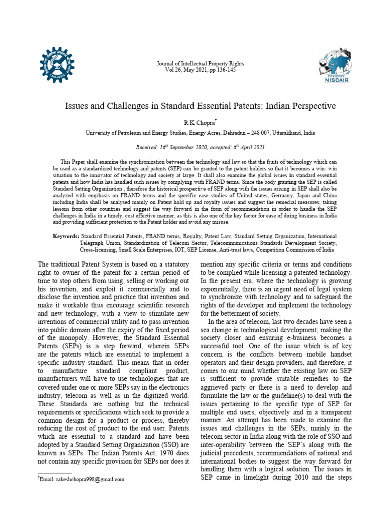 Issues and Challenges in Standard Essential Patents: Indian Perspective ...