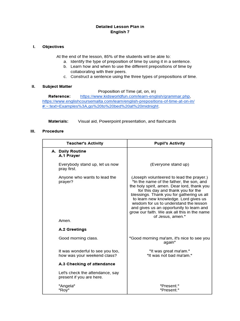Detailed Lesson Plan in English | PDF | Adverb | Preposition And Postposition