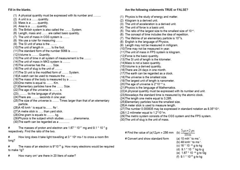 Physics and Measurement Fill in the Blanks and True or False | PDF