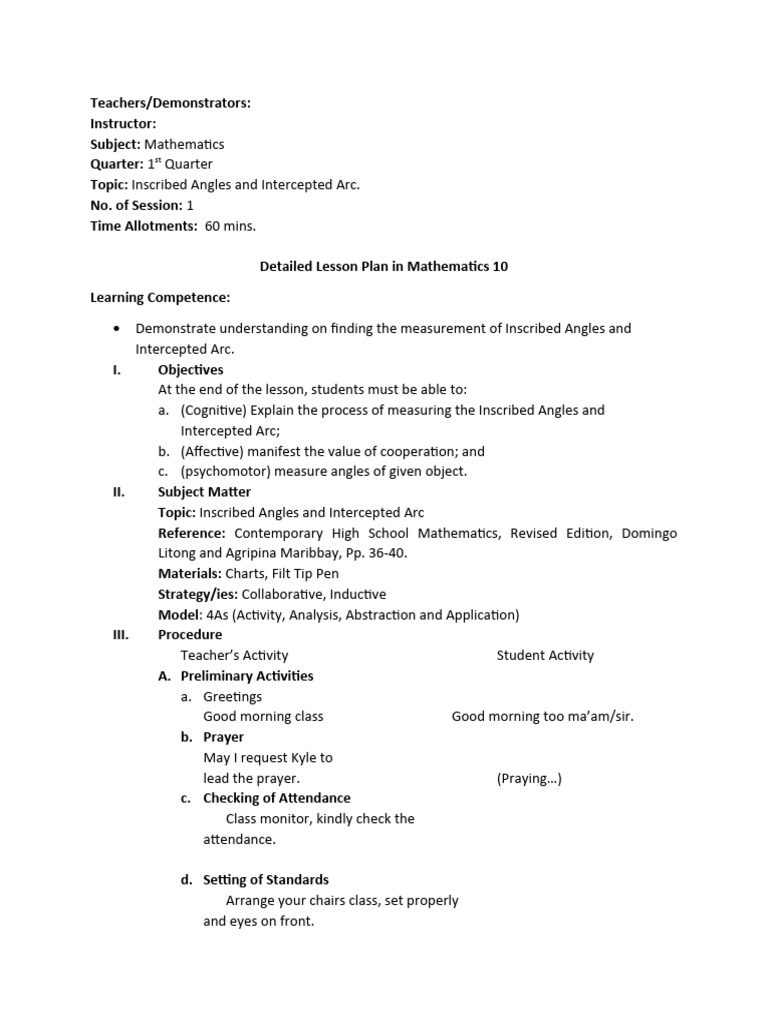 Sample Lesson Plan 4as | PDF | Angle | Lesson Plan