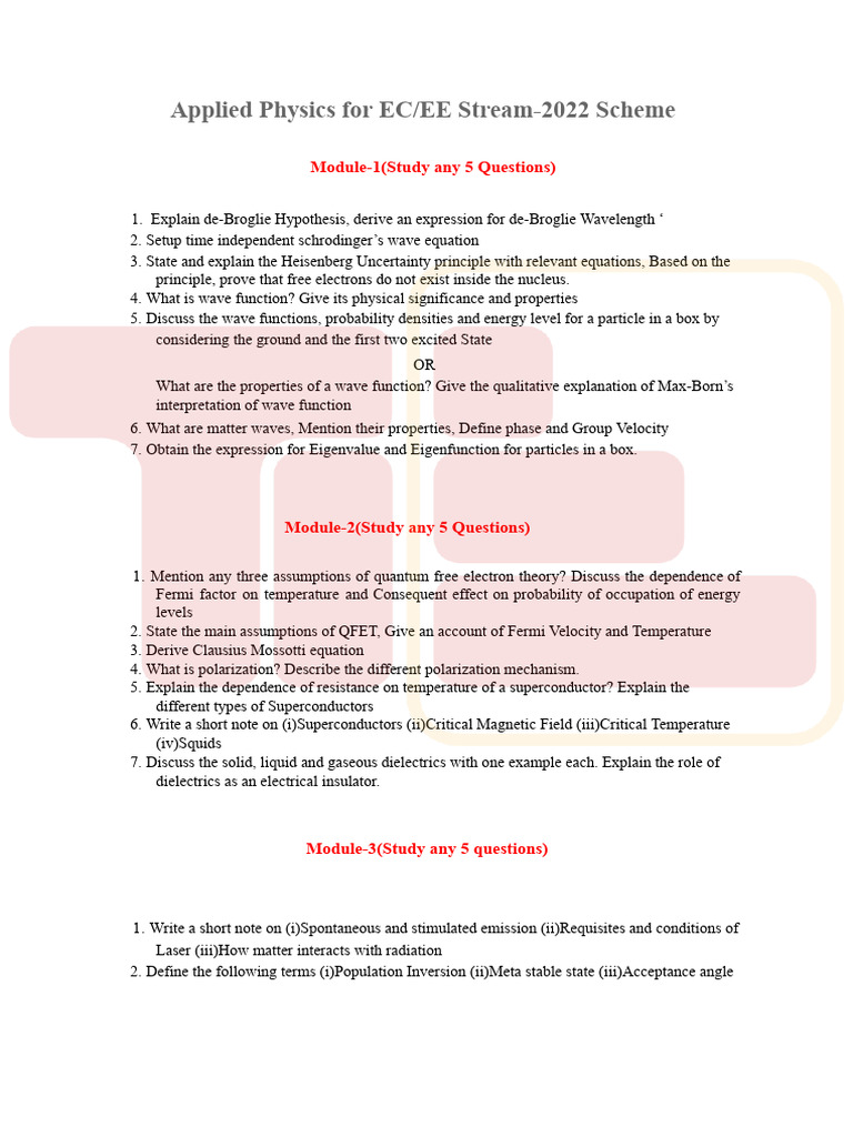 Applied Physics For Ec - Ee Stream-2022 Scheme | PDF | Waves | Wave Function