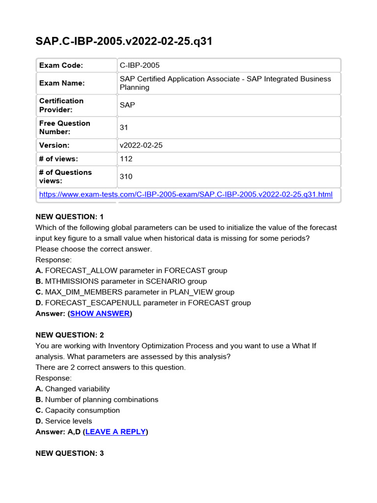 SAP IBP Exam C-IBP-2005 Practice Questions | PDF | Microsoft Excel | Parameter (Computer ...