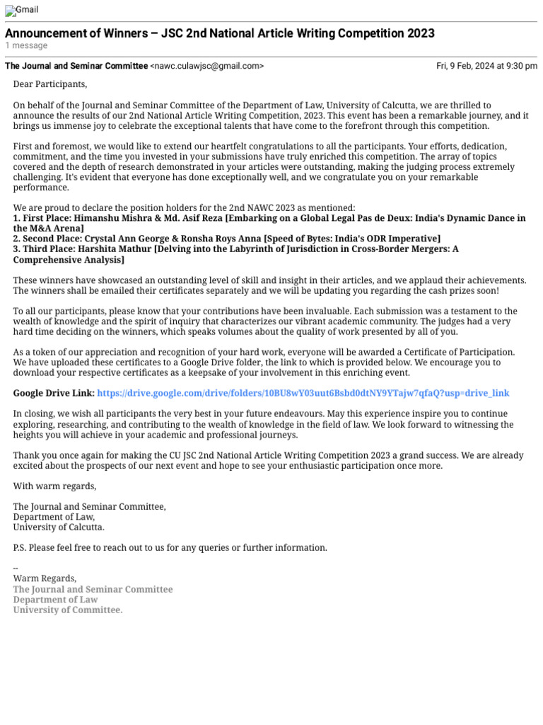 Gmail - Announcement of Winners - JSC 2nd National Article Writing ...