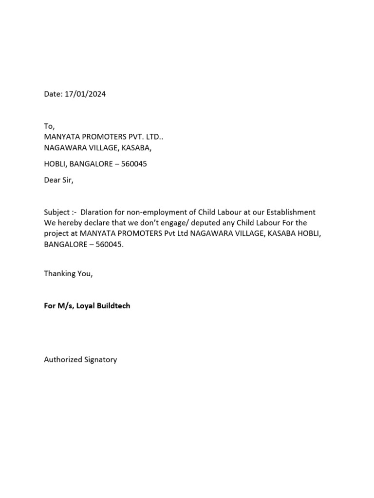 Child Labour Non-Employment Declaration | PDF