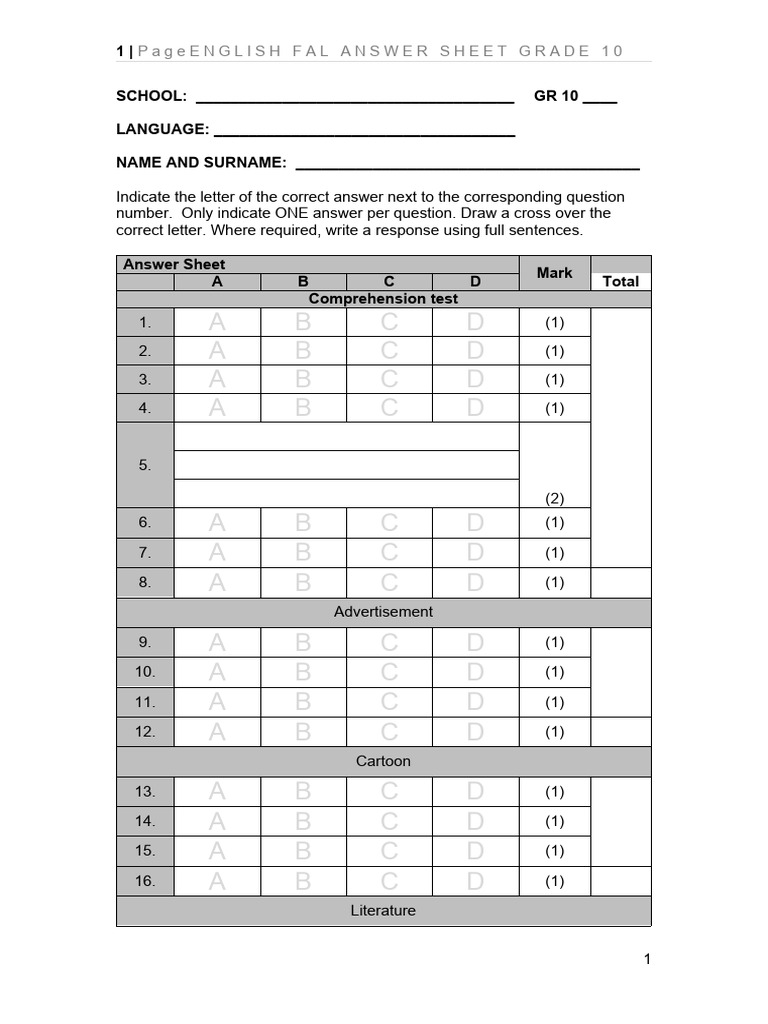 2024 GR 10 - EFAL - DIAGNOSTIC ASSESSMENT ANSWER SHEET | PDF | Human ...
