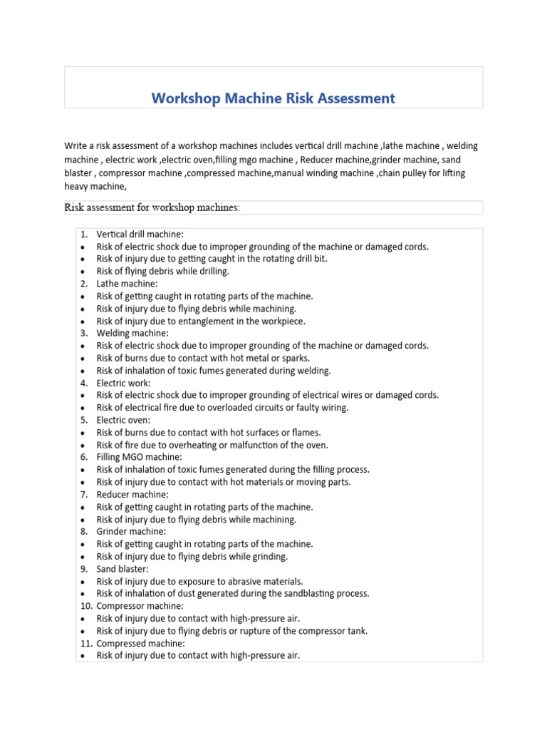 Risk Assessment of Workshop | Download Free PDF | Injury | Grinding ...