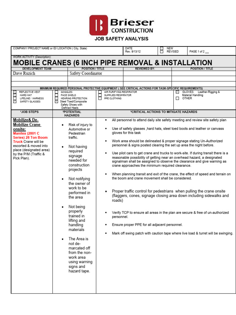 JSA Mobile Crane Pipe Installation Tandem Lift | PDF | Crane (Machine) | Personal Protective ...