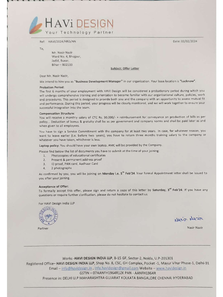 22MBA10503 - Nasir Nazir - Offer Letter - Nasir Nazir | PDF