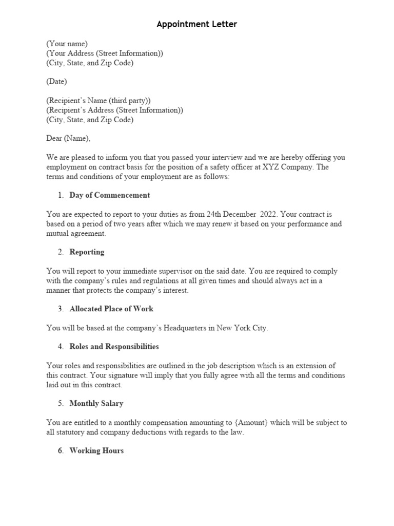 Appointment Letter Examples | PDF | Employment | Contractual Term