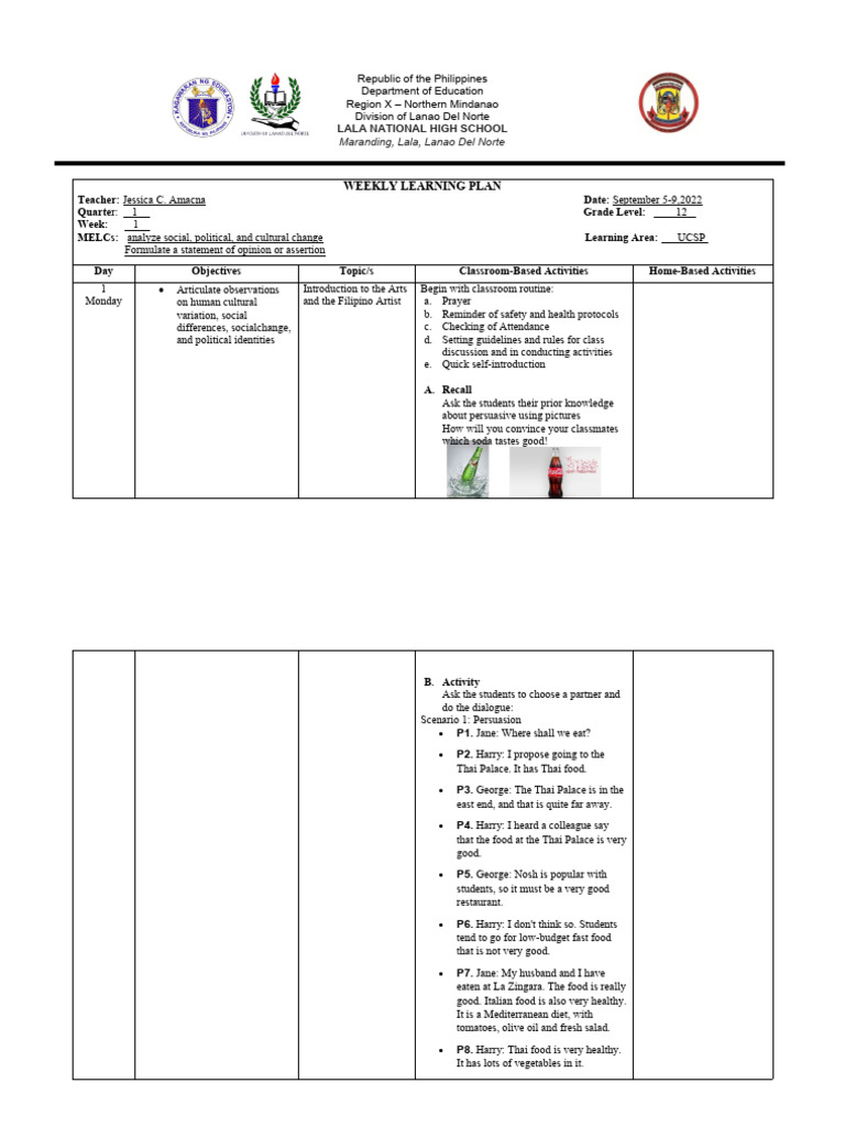 Weekly-Learning-Plan-in-ucsp-10-2022-2023 | PDF | Argument | Persuasion