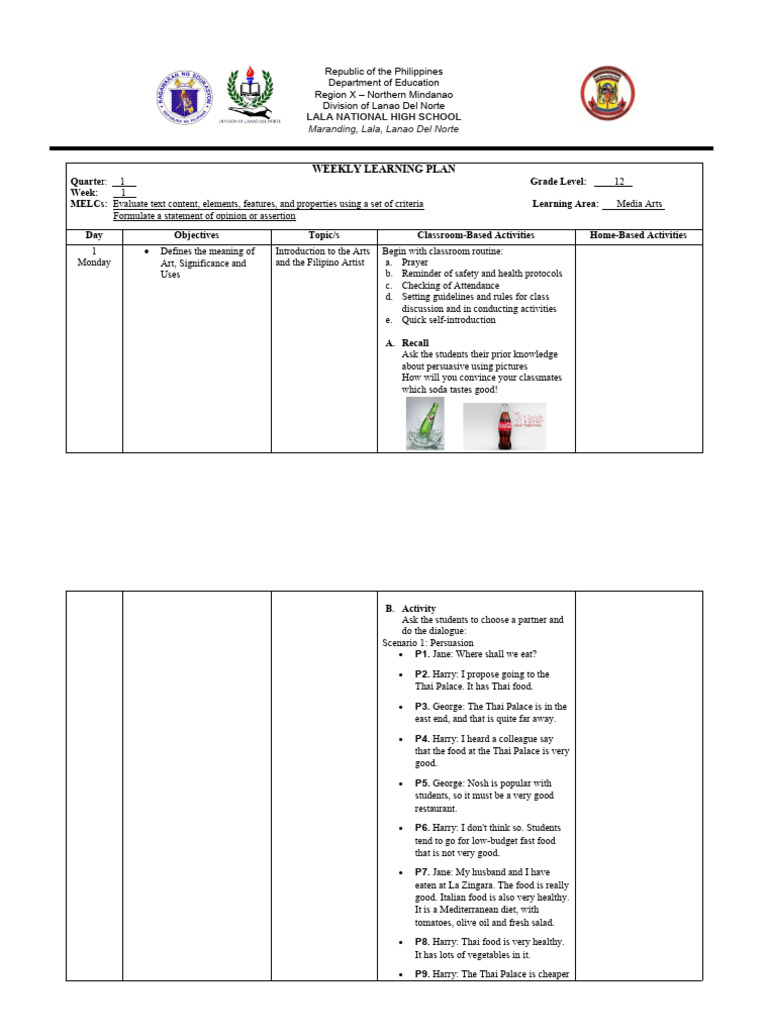 Weekly-Learning-Plan-in-Media Arts-10-2022-2023 | PDF | Argument ...