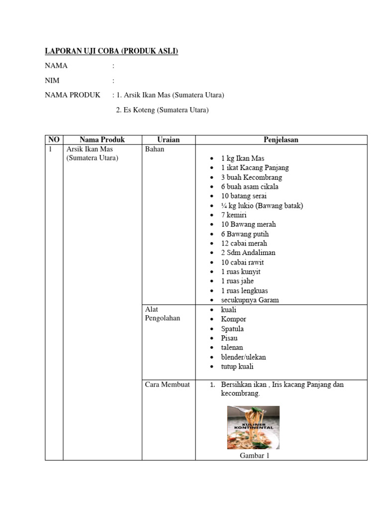 Contoh Laporan Uji Coba Resep Asli | PDF