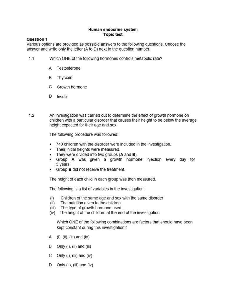 Grade 12 Endocrine System Test Questions | PDF | Hormone | Glands