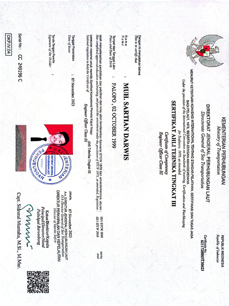 Sertificate Engineer Officer Class Iii Pdf