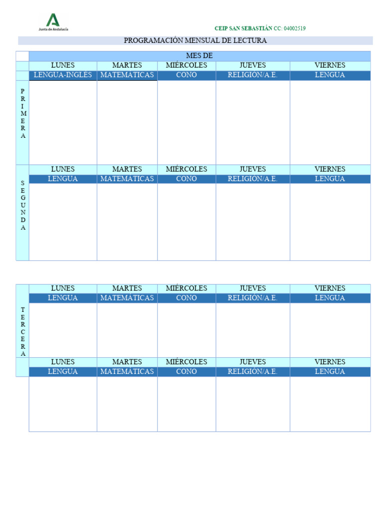 Plantilla PROGRAMACIÓN MENSUAL DE LECTURA | PDF