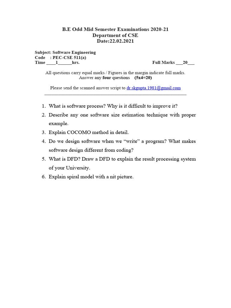 PEC-CSE 511 (A) - Software Engg - SKG - Mid1 - 2020-21 | PDF