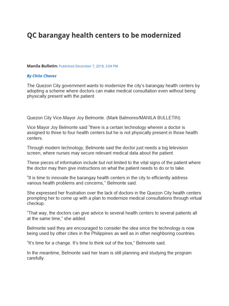 QC barangay health centers to be modernized | PDF | Physical ...