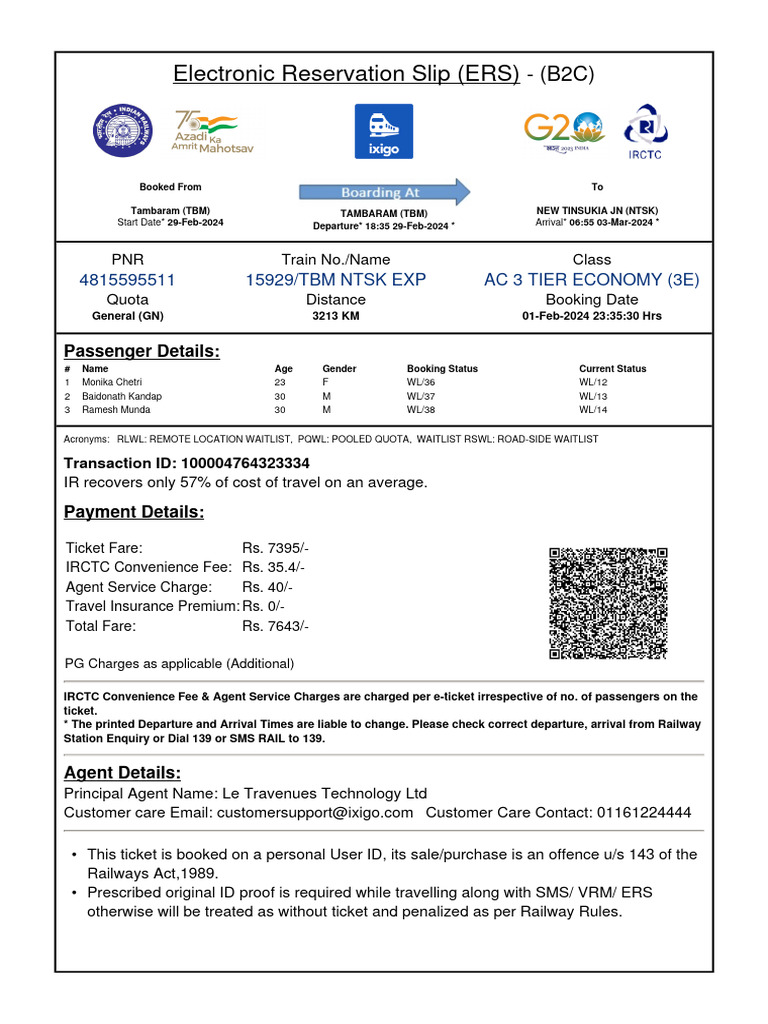 Electronic Reservation Slip (ERS) : 4815595511 15929/TBM NTSK EXP Ac 3 ...