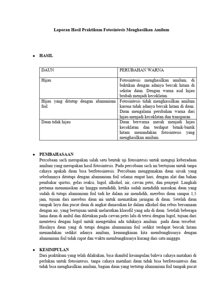 Laporan Hasil Praktikum Fotosintesis Menghasilkan Amilum | PDF Laporan Hasil Praktikum Fotosintesis Menghasilkan Amilum | PDF