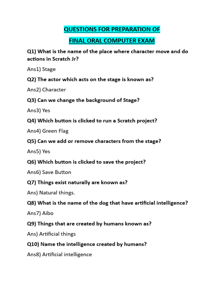 Class-1 Computer Sub Final Oral Exam Questions For Preparation (CH-5 To ...