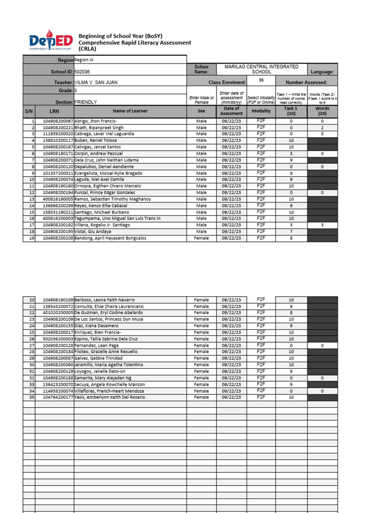 Crla Grade 3 Friendly Scoresheet Final 2 | PDF