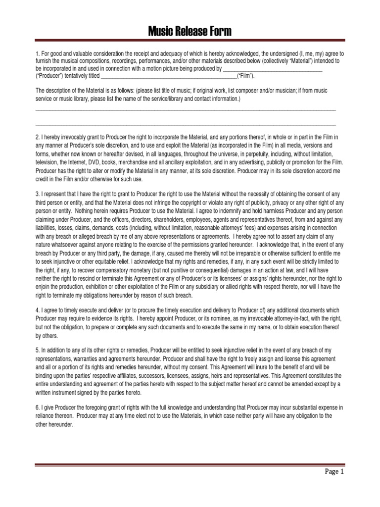 Downloadable Music Release Form | PDF | Breach Of Contract | Legal Remedy