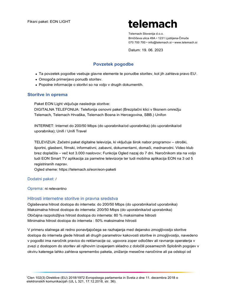 Povzetek Pogodbe: Hitrosti Internetne Storitve in Pravna Sredstva | PDF