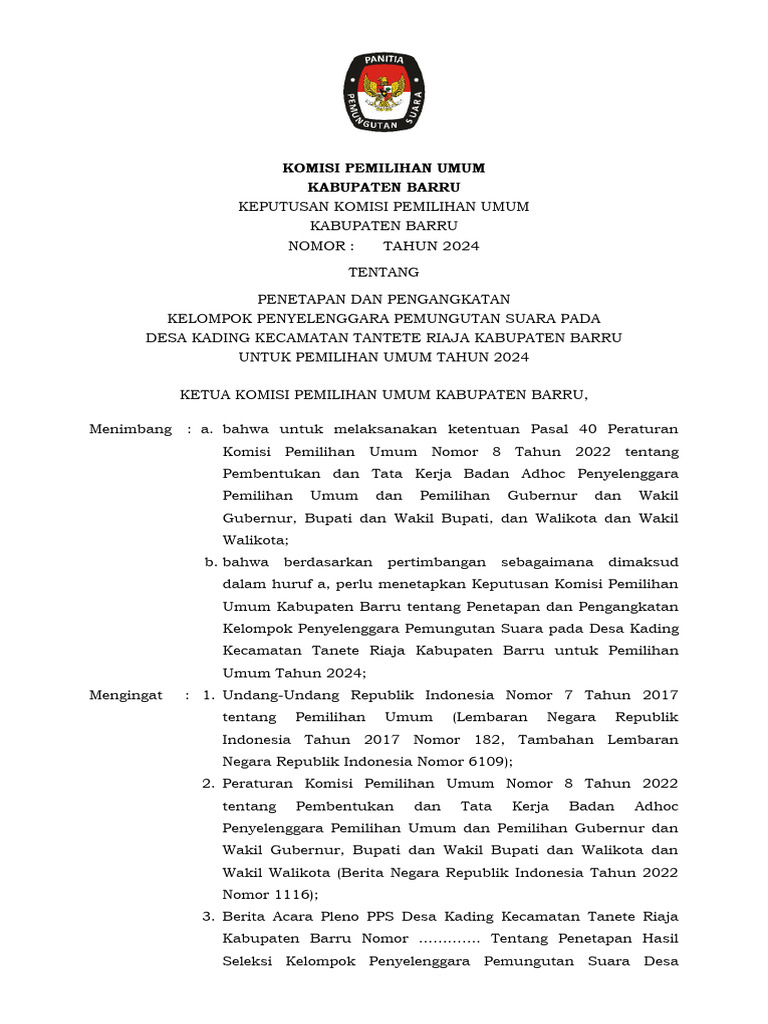 SK Penetapan Dan Pengangkatan KPPS & Pam TPS Tarja | PDF