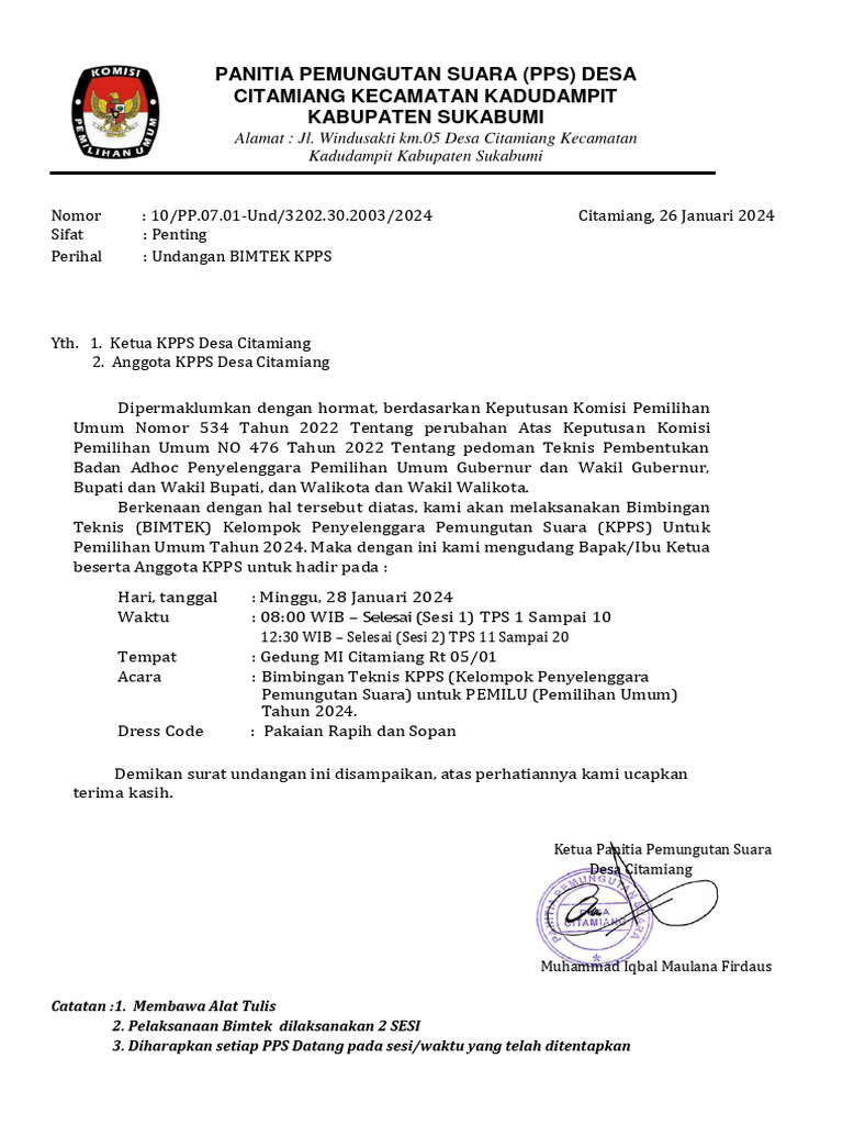 Surat Bimtek KPPS Rev123 - 085750 | PDF