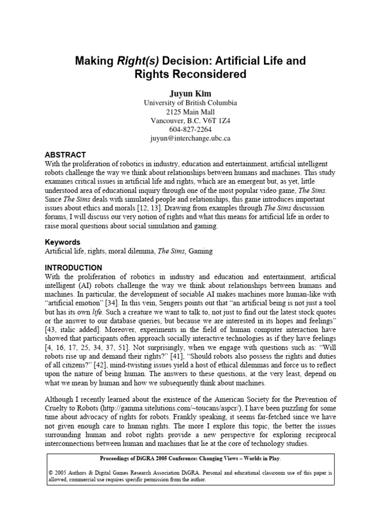 J. Kim - Artificial Life and Rights Reconsidered | PDF | Intelligence (AI) & Semantics ...