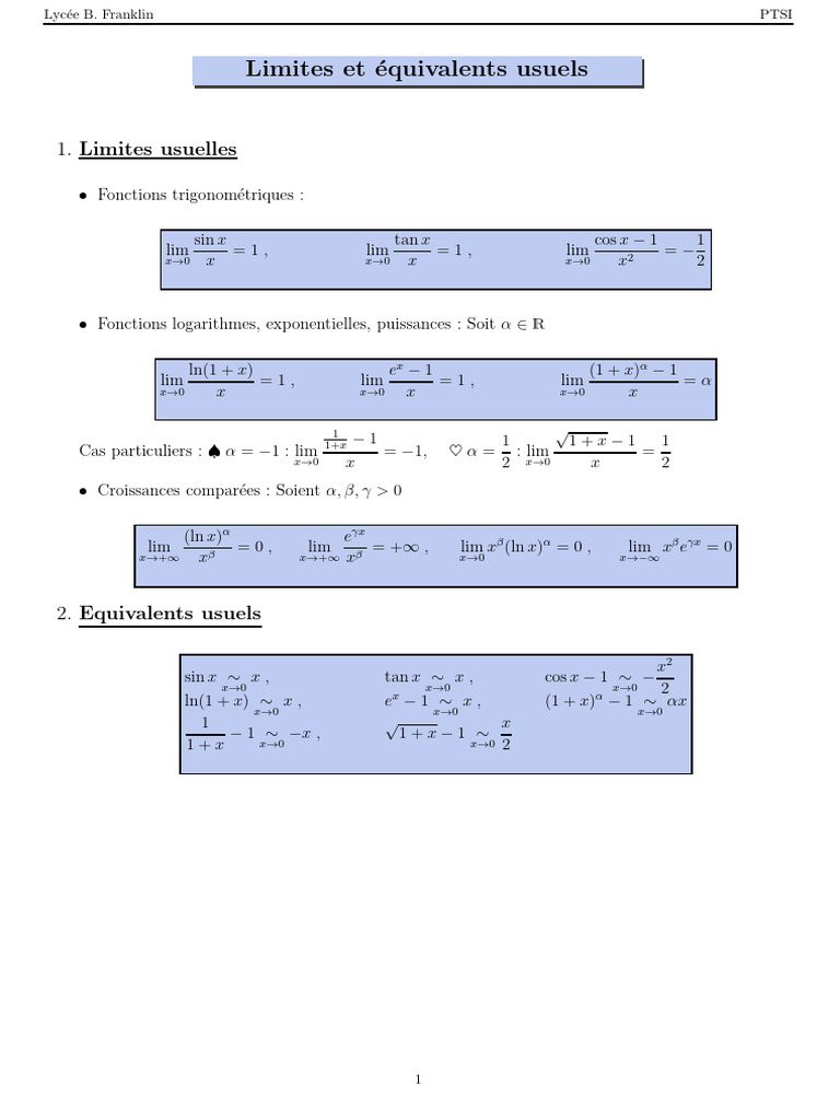 Limites Usuelles | PDF | Mathématiques | Analyse complexe