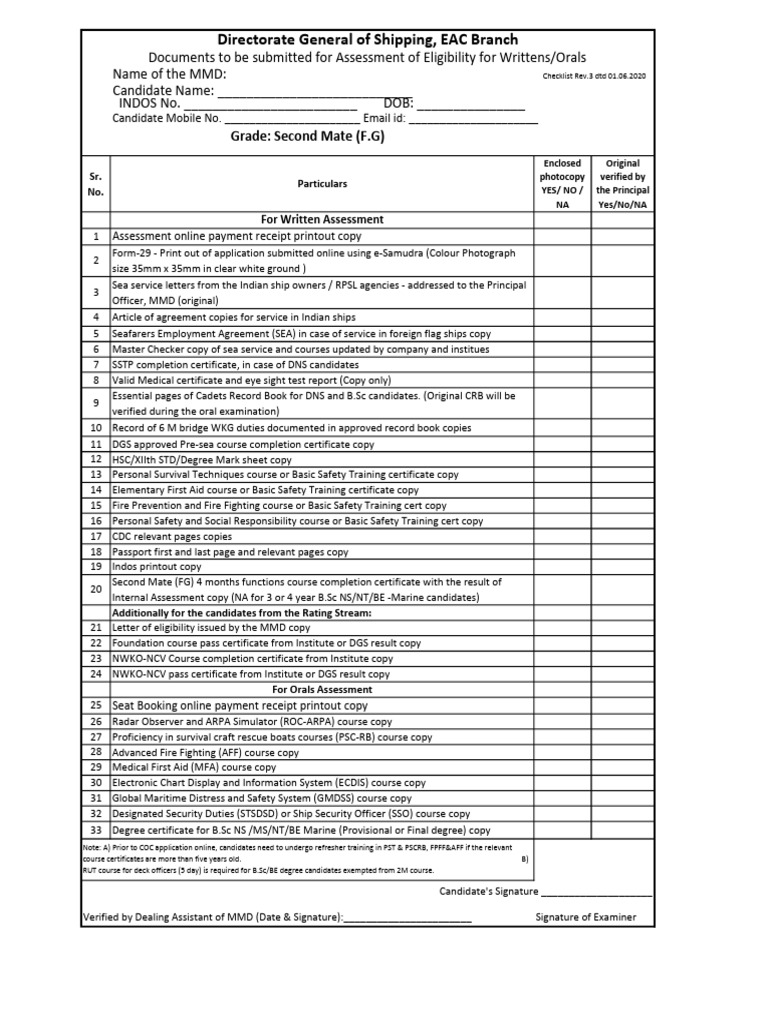 MMD Chennai Second Mate Assessment Checklist | PDF | Shipping
