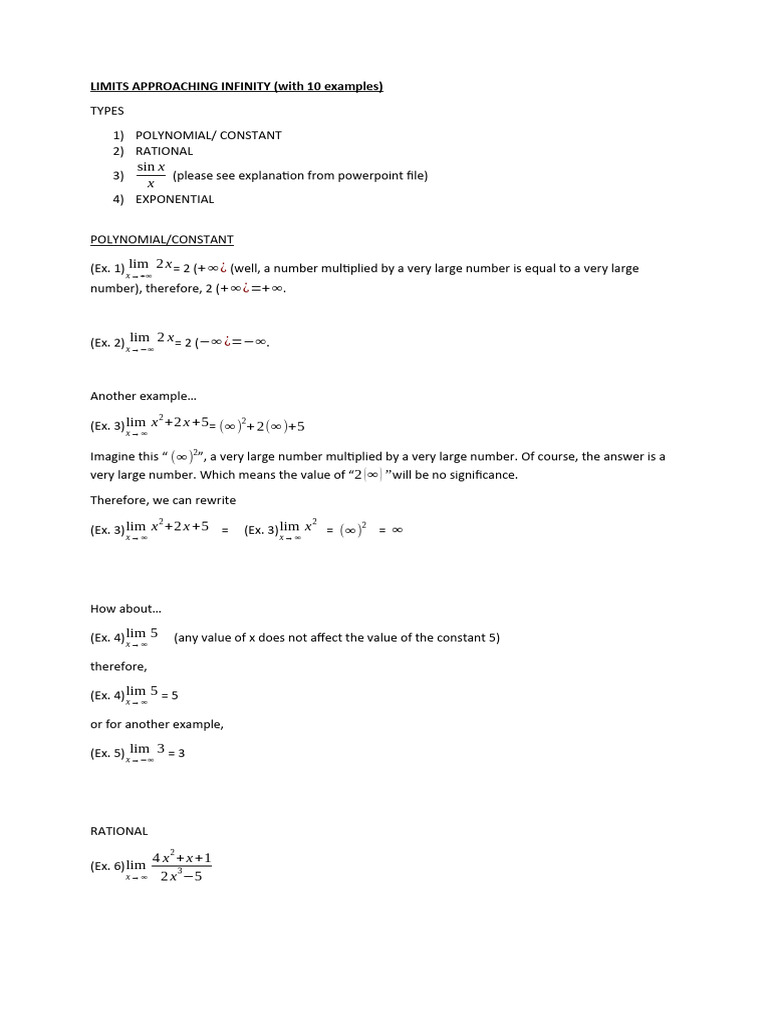 Math 1 Exercise No 2 Limits Approaching Infinity Download Free Pdf Numbers Polynomial