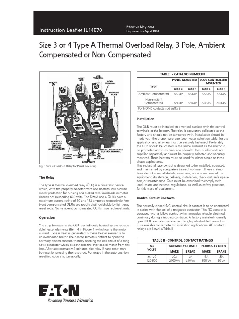 Size 3 or 4 Type A 3 Pole Thermal Overload Relay Ambient Compensated or ...