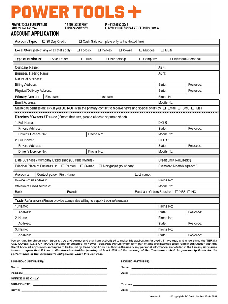 Power Tools Plus Account Application V3 | PDF | Contractual Term ...