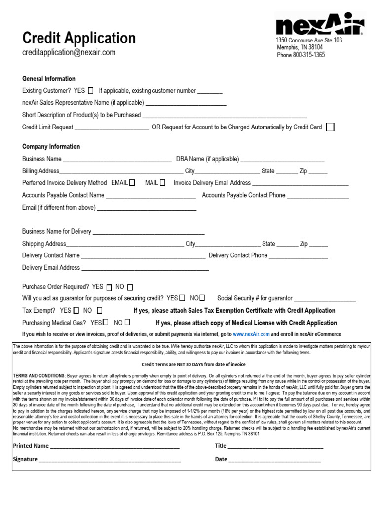 NexAir Credit Application Form | PDF | Invoice | Credit