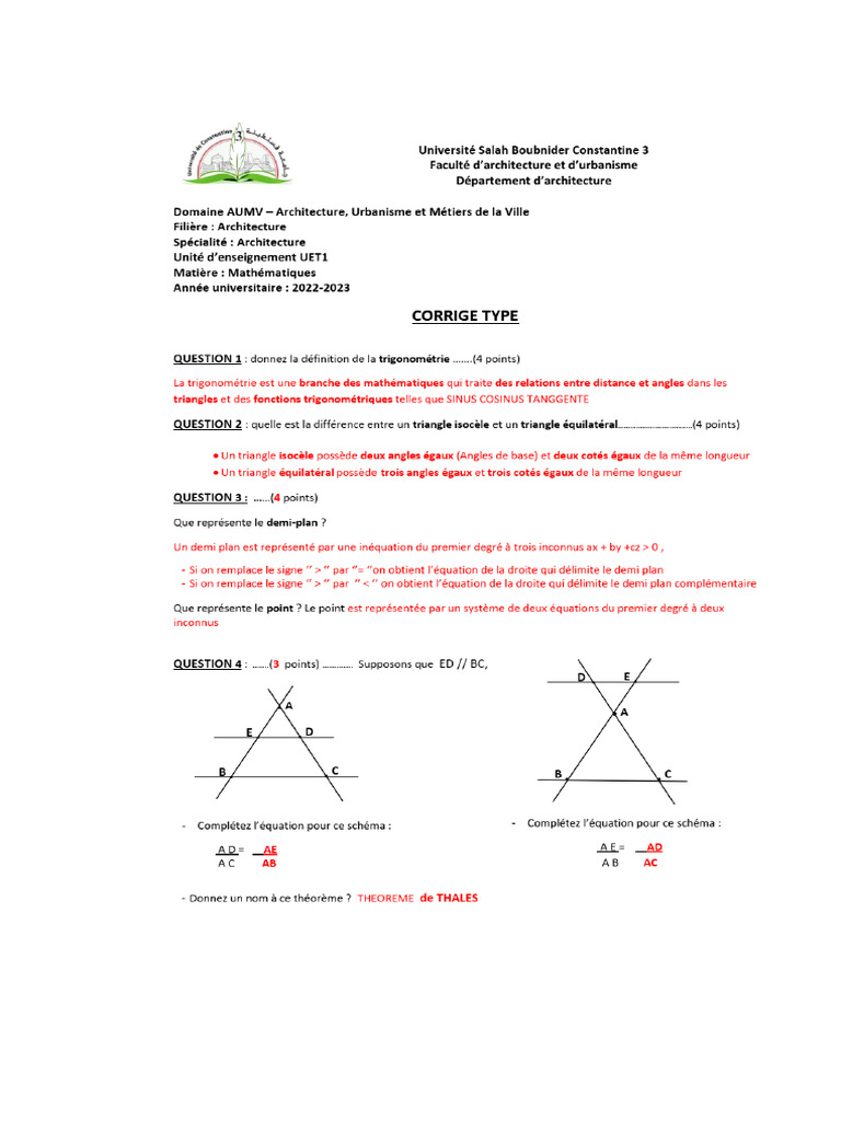 Corrigé Type Matière Math S1 2022-2023 | PDF