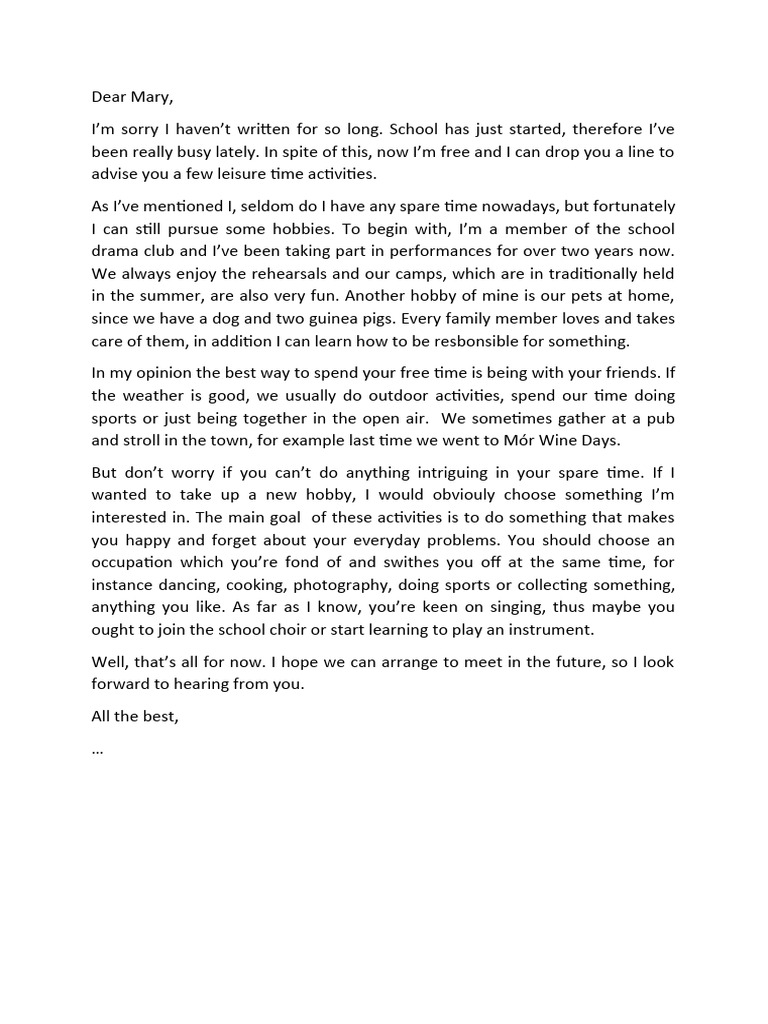Letter On Leisure Time Activities | PDF