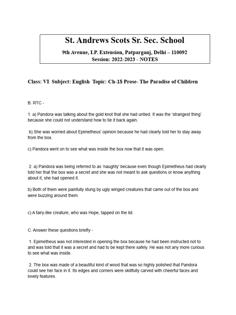 English - Ch-15 Prose-The Paradise of Children Notes (VI) | PDF