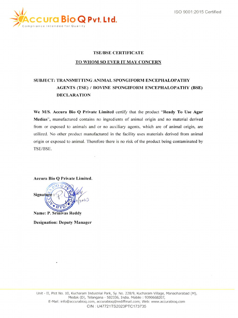 TSE - BSE Certificate | PDF