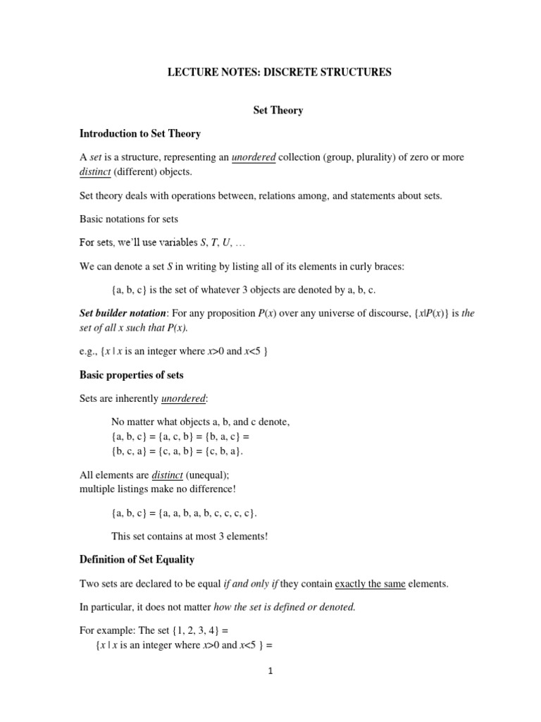 MATH 211 - LECTURE NOTES Discrete Structures-1 | PDF | Set (Mathematics ...