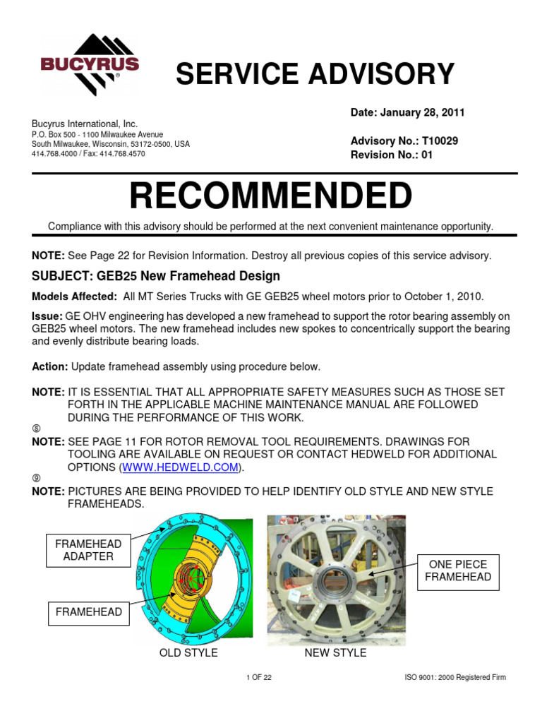 GEB25 Framehead Design Update Advisory | PDF | Screw | Bearing (Mechanical)