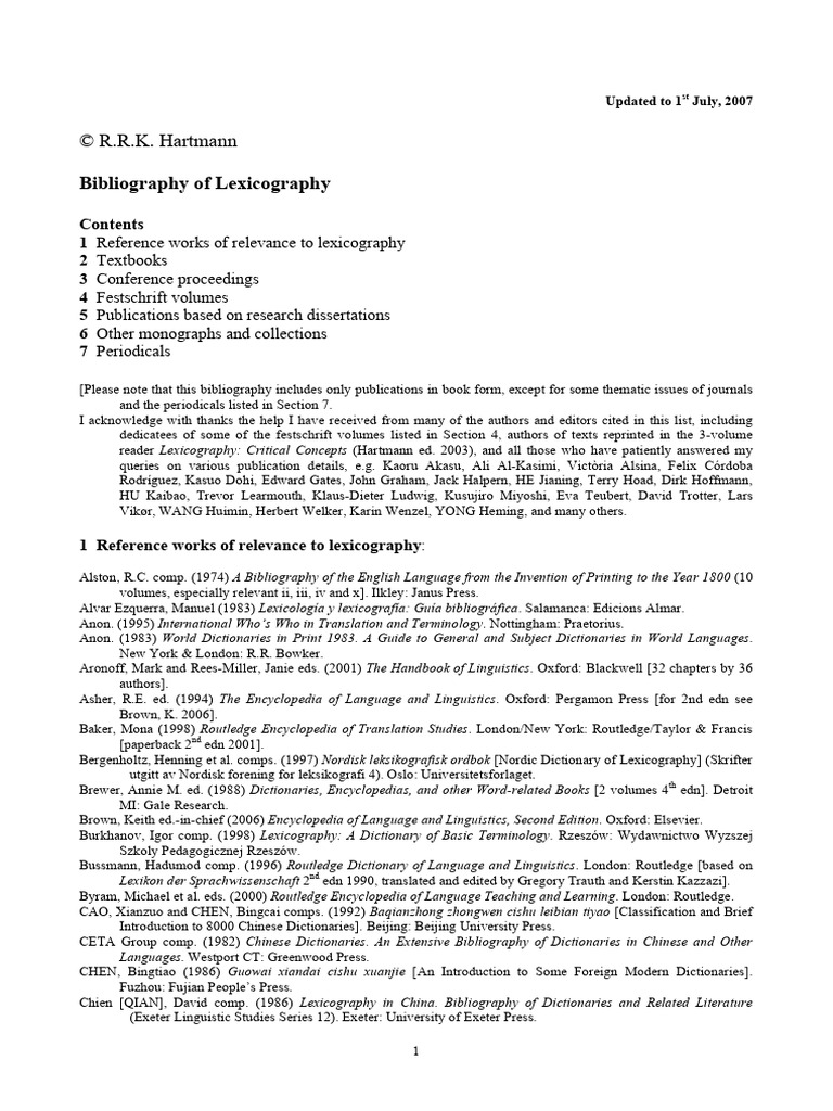 Hartmann Bibliography of Lexicography | PDF