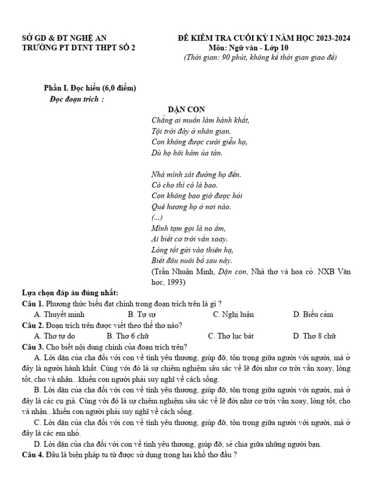 ĐỀ KTRA CUỐI KÌ 1 LỚP 10 | PDF