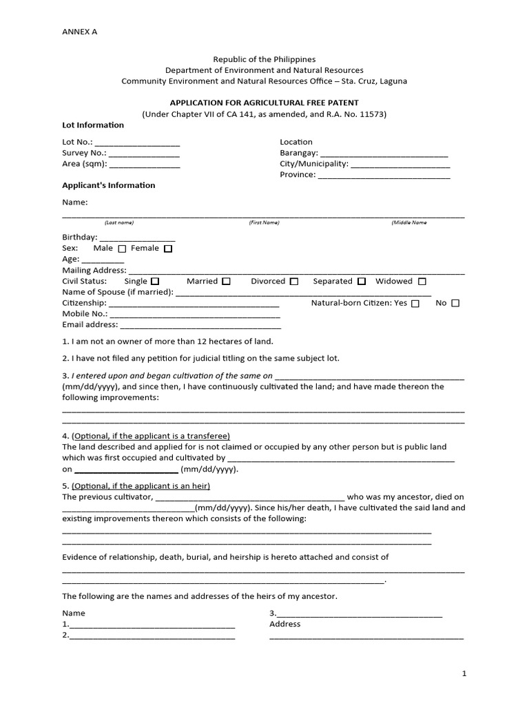DENR APPLICATION FOR AGRICULTURAL FREE PATENT | PDF | Affidavit | Perjury