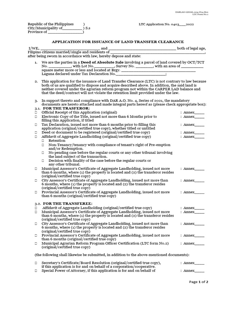 Land Transfer Clearance Application Form | PDF | Government | Private Law