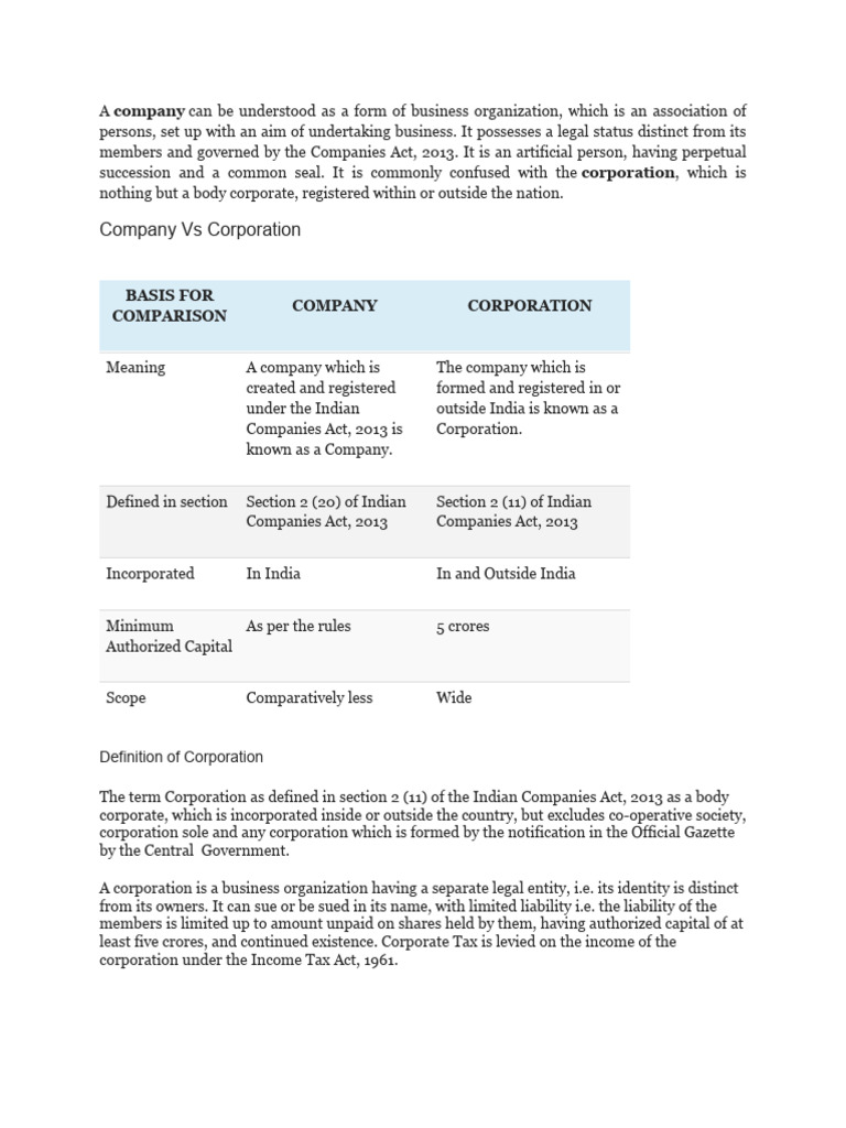 Company Vs Corporation | PDF | Companies | Corporations