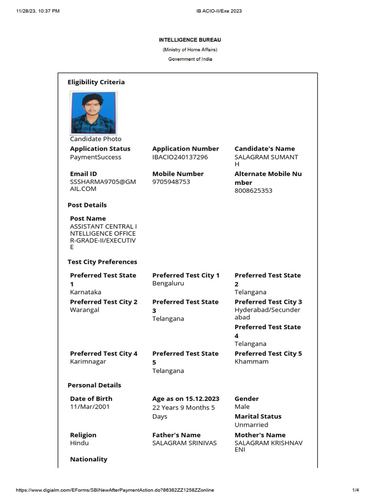 IB ACIO-II - Exe 2023 Reg Form | PDF